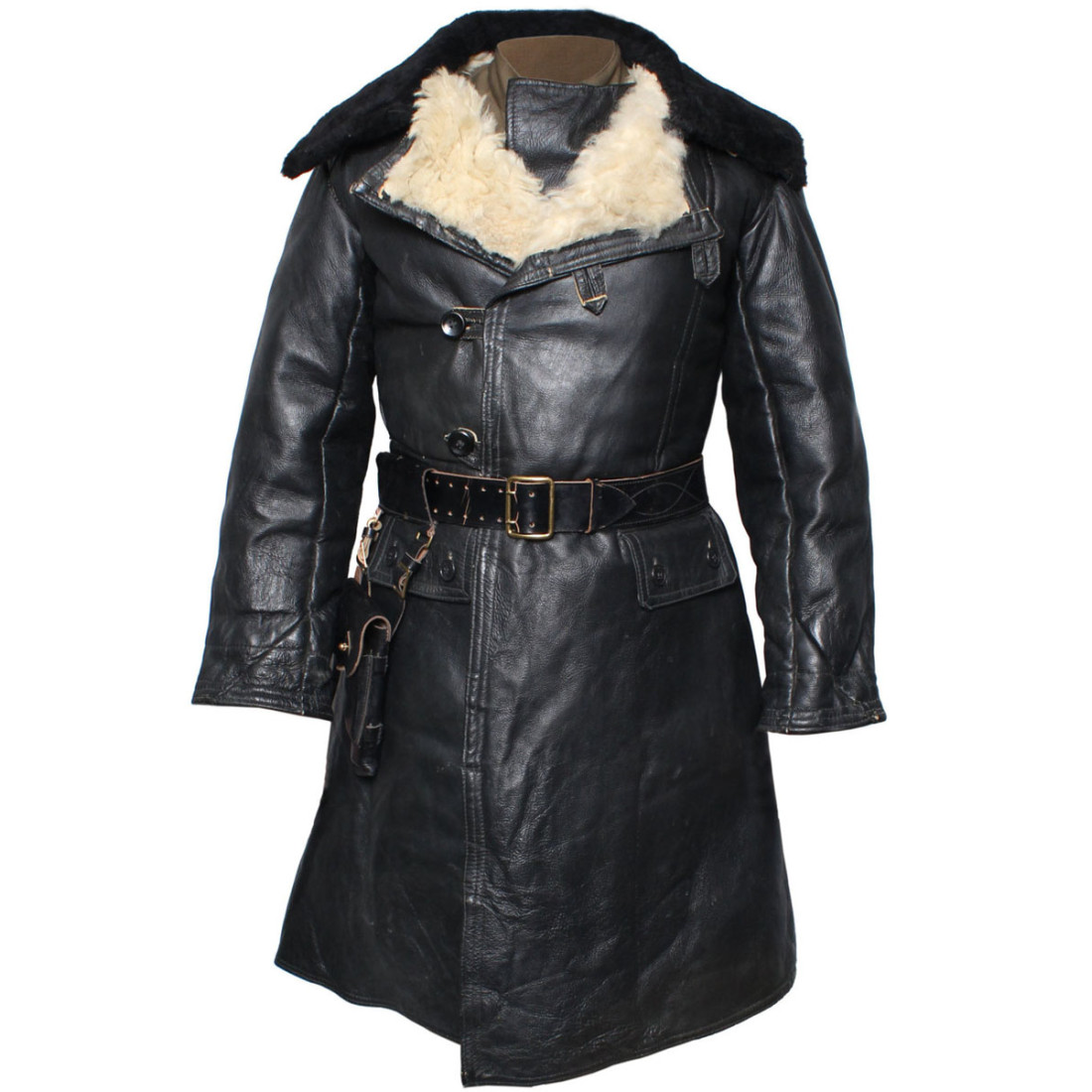 Soviet Military Leather coat with fur USSR Naval black coat - Soviet Power