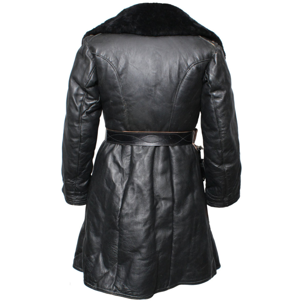 Soviet Military Leather coat with fur USSR Naval black coat - Soviet Power