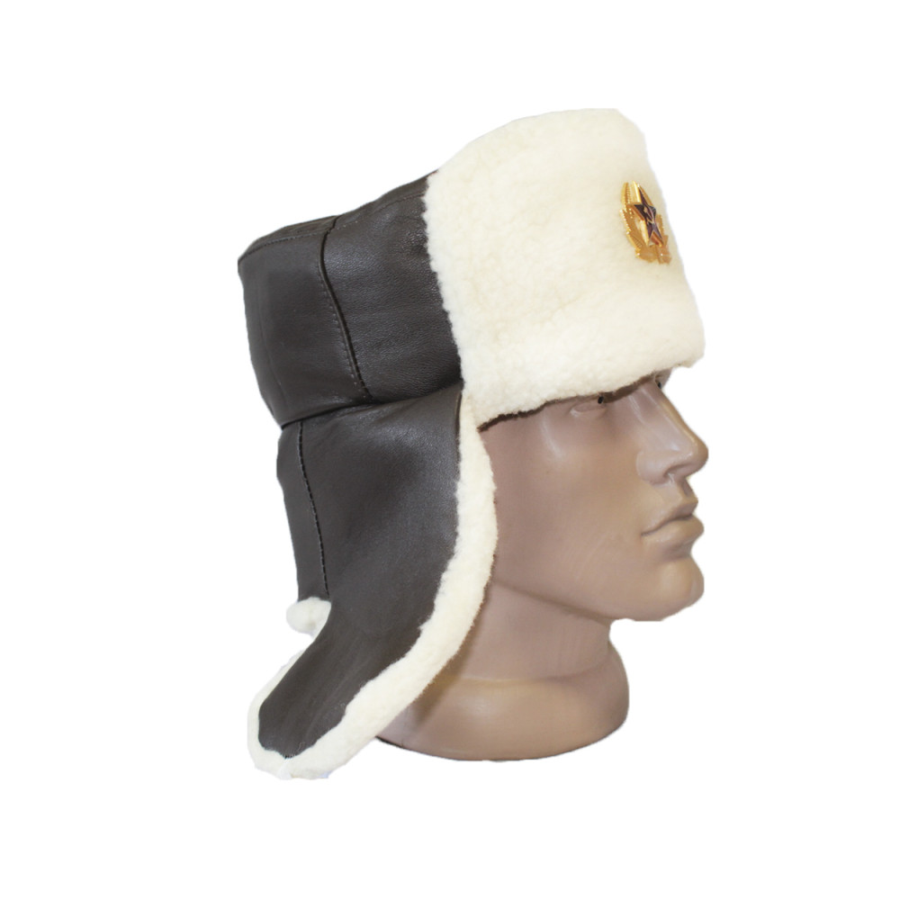 Leather officer’s USHANKA military Soviet winter hat with white fur